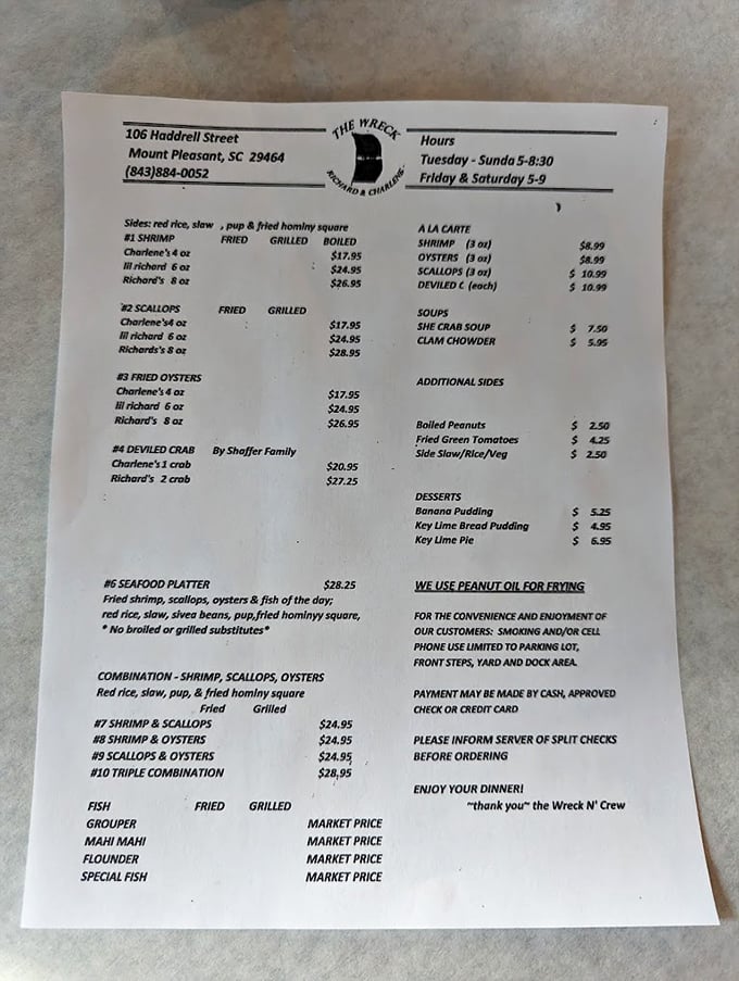 The menu at The Wreck is refreshingly straightforward – a single page that essentially says, "We know seafood, trust us," and you absolutely should.