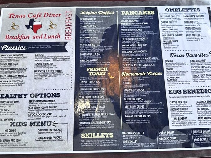 This menu isn't messing around – it's a breakfast manifesto with enough options to satisfy everyone from truckers to college professors.