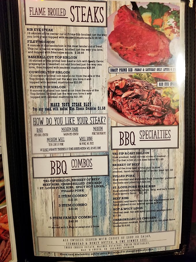 This menu isn't kidding around—flame-broiled steaks and BBQ specialties that would make even the toughest cowboy tip his hat in respect.