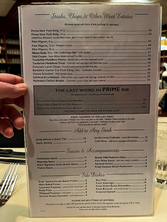 This menu isn't just reading material—it's a roadmap to carnivorous bliss. The "Last Word in Prime Rib" section isn't kidding around.