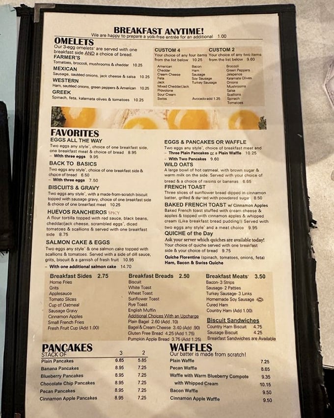 The menu reads like a love letter to breakfast enthusiasts—"Breakfast Anytime!" might be the three most beautiful words in English.
