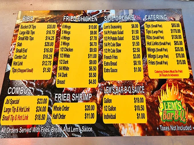 The menu board at Lem's reads like barbecue poetry—rib tips, hot links, and chicken are the verses that compose Chicago's smoke-kissed symphony.