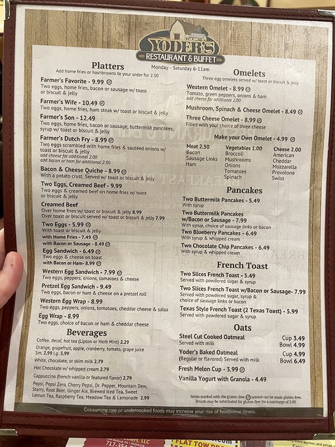 This menu reads like a love letter to breakfast classics – each option promising the kind of morning meal that makes you want to become a morning person.