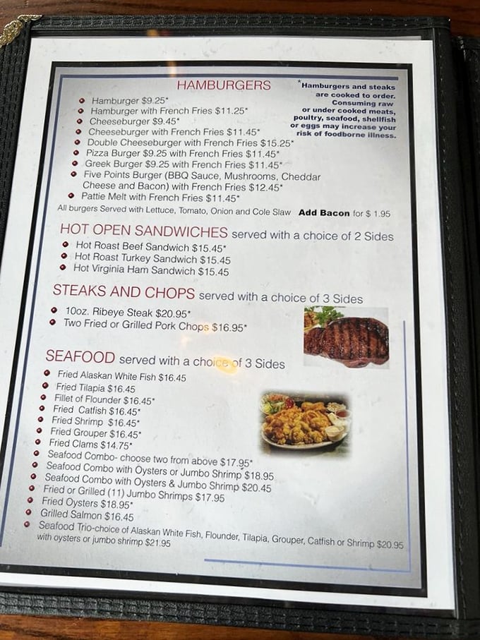 This menu isn't just a list of options—it's a roadmap to comfort food nirvana, with burgers, sandwiches, and seafood that would make your cardiologist wince and your taste buds rejoice.