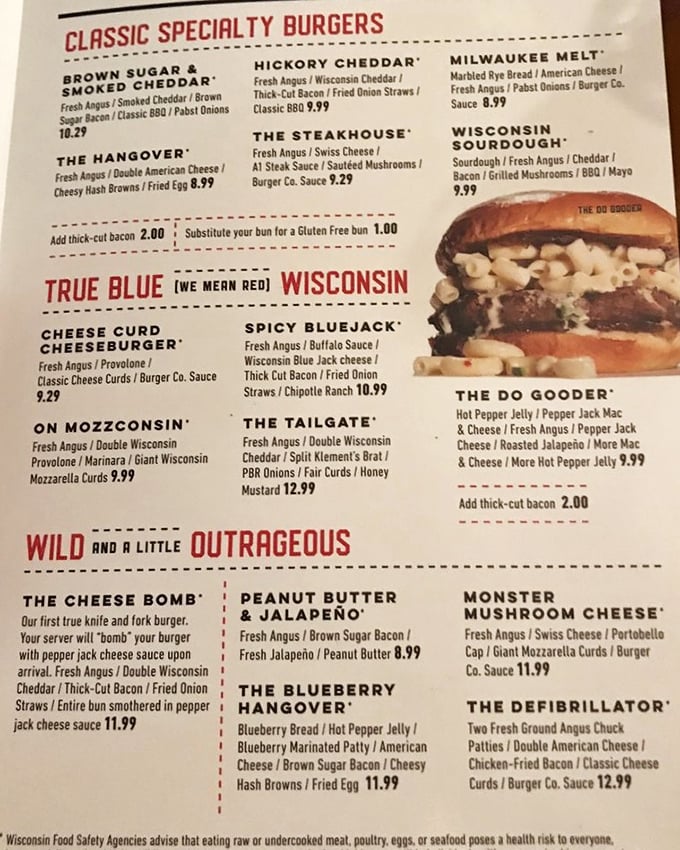 A menu that reads like a love letter to Wisconsin's dairy heritage. The "Wild and a Little Outrageous" section isn't just a description—it's a dare.