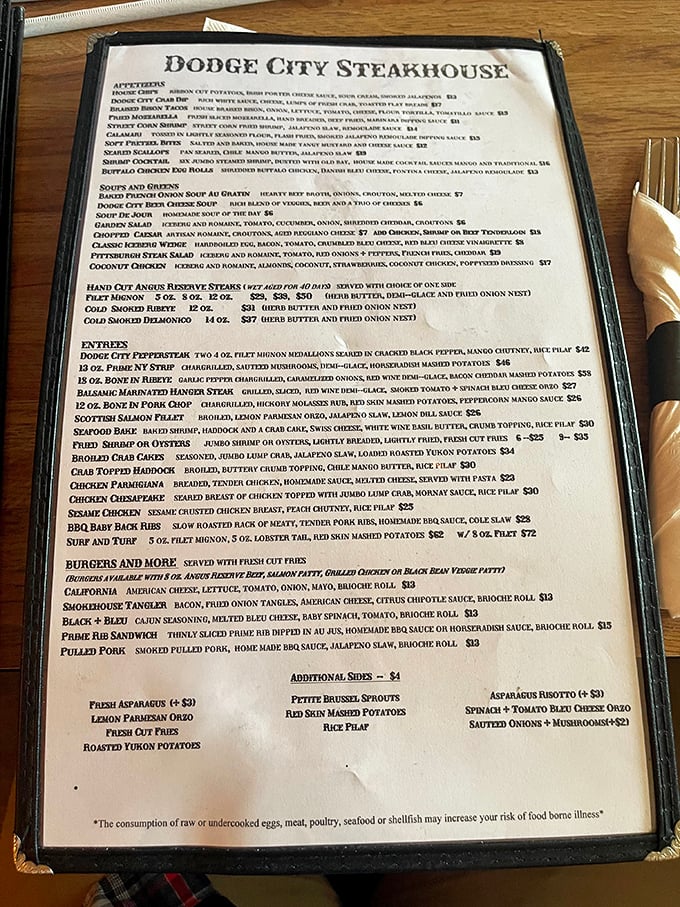 The menu reads like a carnivore's dream journal, with the legendary Pittsburgh Steak Salad hiding in plain sight among premium cuts.