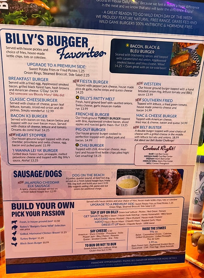 The menu that launches a thousand road trips. Each description reads like a love letter to beef, with supporting roles from bacon, cheese, and various supporting characters.