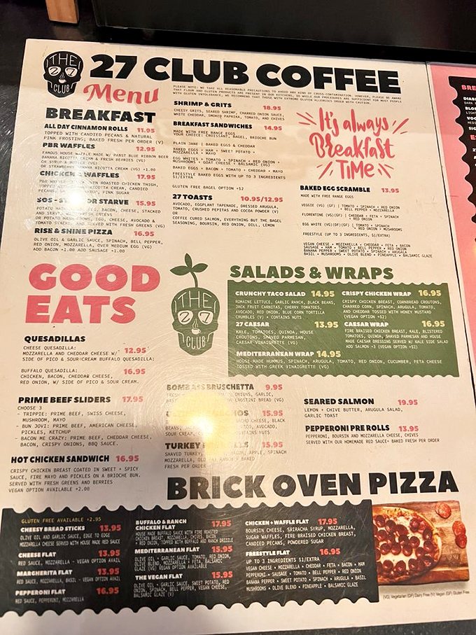 The menu reads like a greatest hits album of comfort food—from all-day cinnamon rolls to brick oven pizzas that deserve their own fan club.