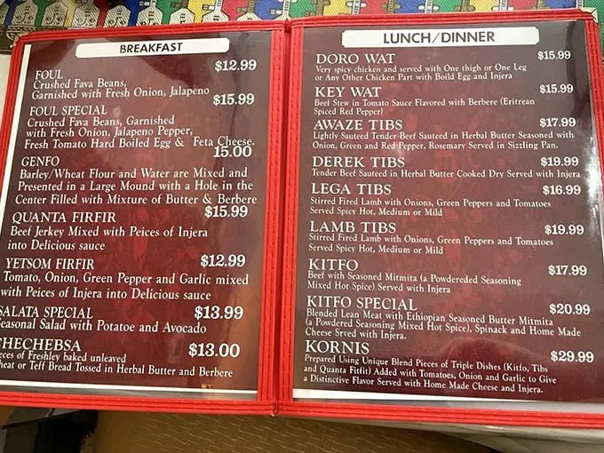 The menu reads like a passport to Ethiopia, with each dish telling its own story through berbere spice, injera bread, and slow-cooked traditions.