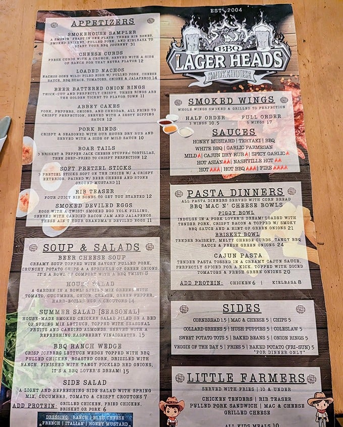 The menu reads like barbecue poetry – from Smokehouse Samplers to Abbey Cakes, each description more mouth-watering than the last.