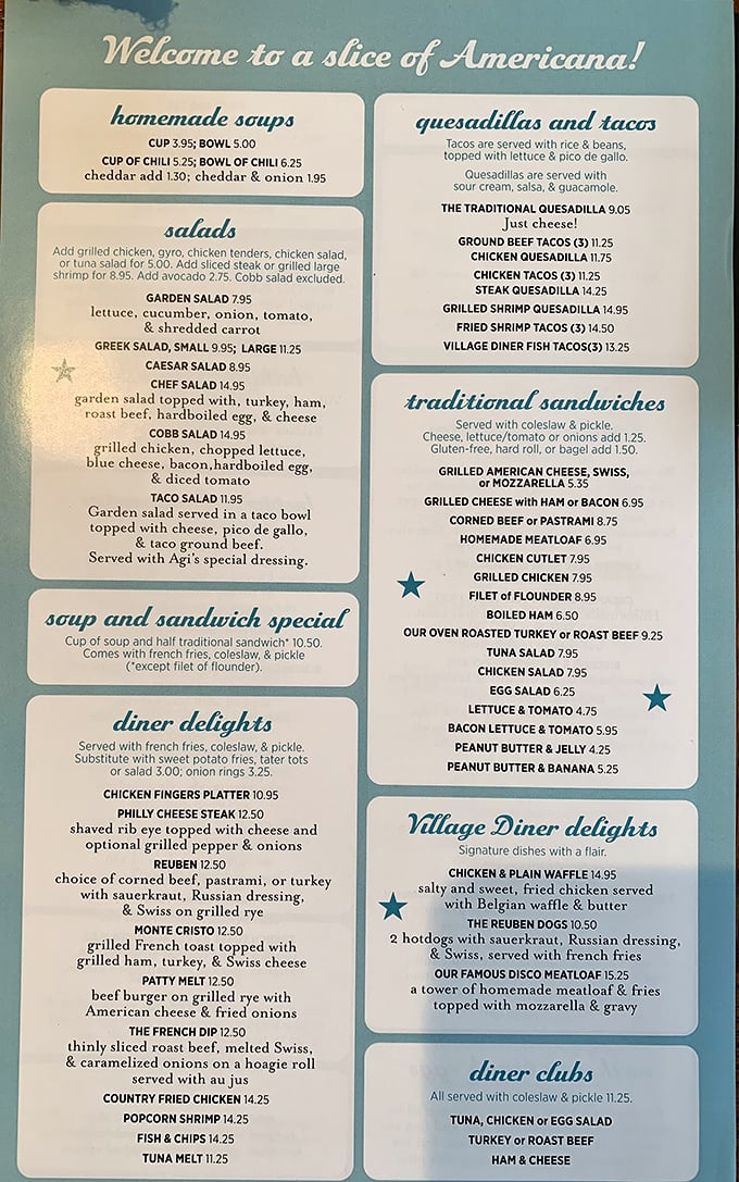 A menu that proudly declares itself "a slice of Americana!" No foodie pretension here—just honest comfort food that's stood the test of time.