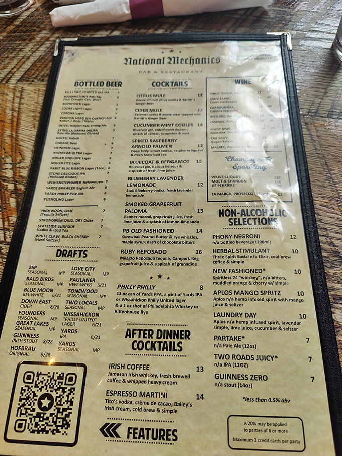 Decisions, decisions! The drink menu at National Mechanics reads like a love letter to craft cocktails and local brews—each sip a Philadelphia story.