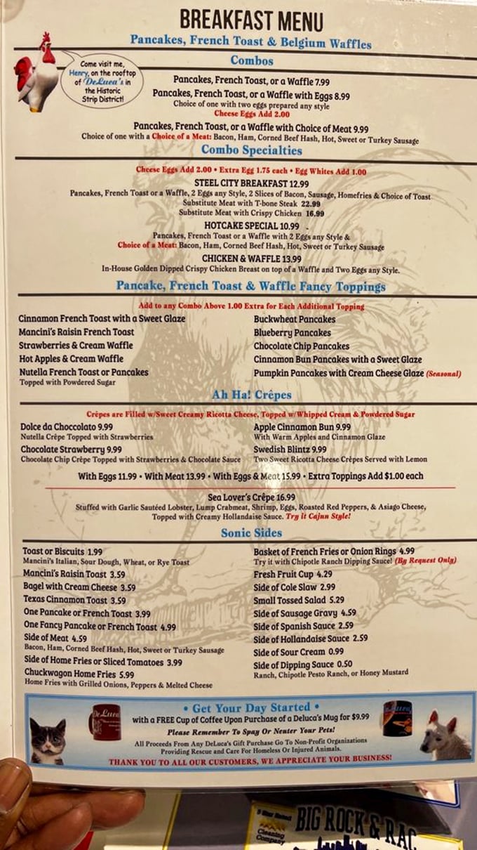 This menu isn't just reading material—it's a roadmap to breakfast nirvana, with everything from basic eggs to seafood-stuffed crepes.