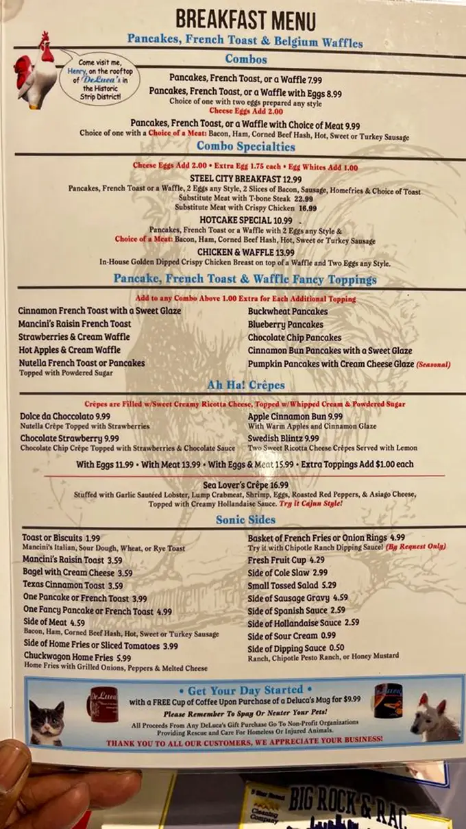 This menu isn't just reading material—it's a roadmap to breakfast nirvana, with everything from basic eggs to seafood-stuffed crepes.