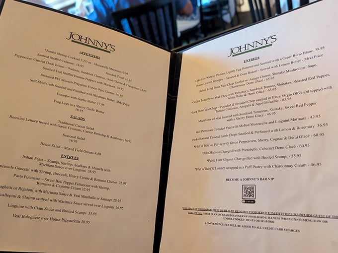 The menu reads like a love letter to Italian-American cuisine, with that legendary rack of lamb stealing the spotlight.
