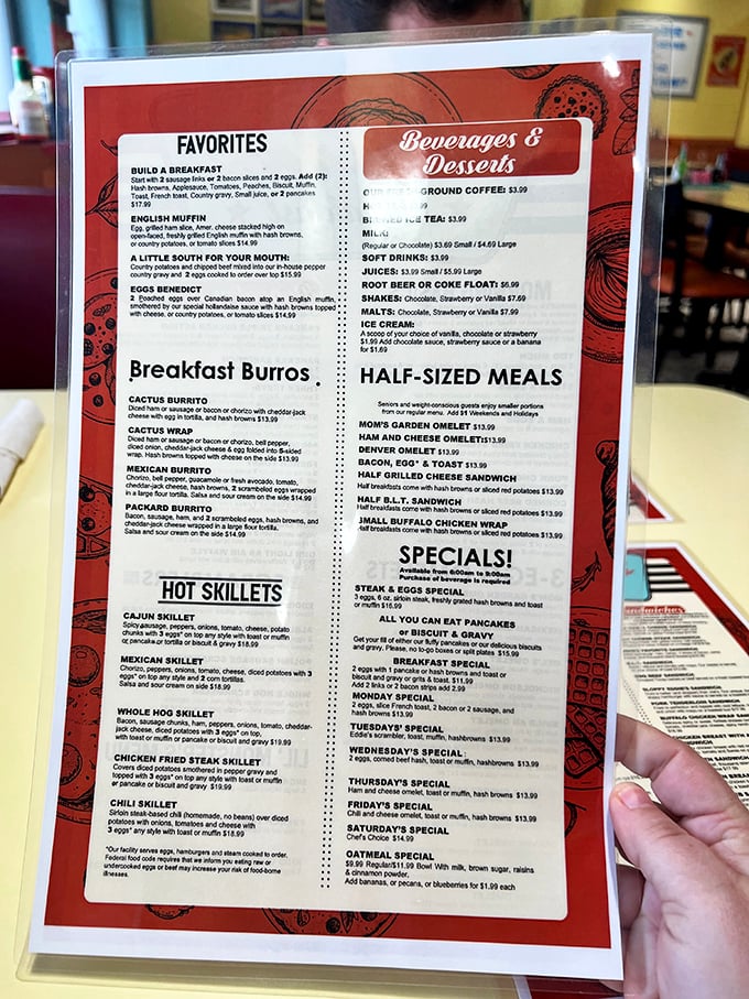 This menu isn't just laminated—it's a treasure map to culinary happiness. The breakfast burrito section alone deserves its own zip code.