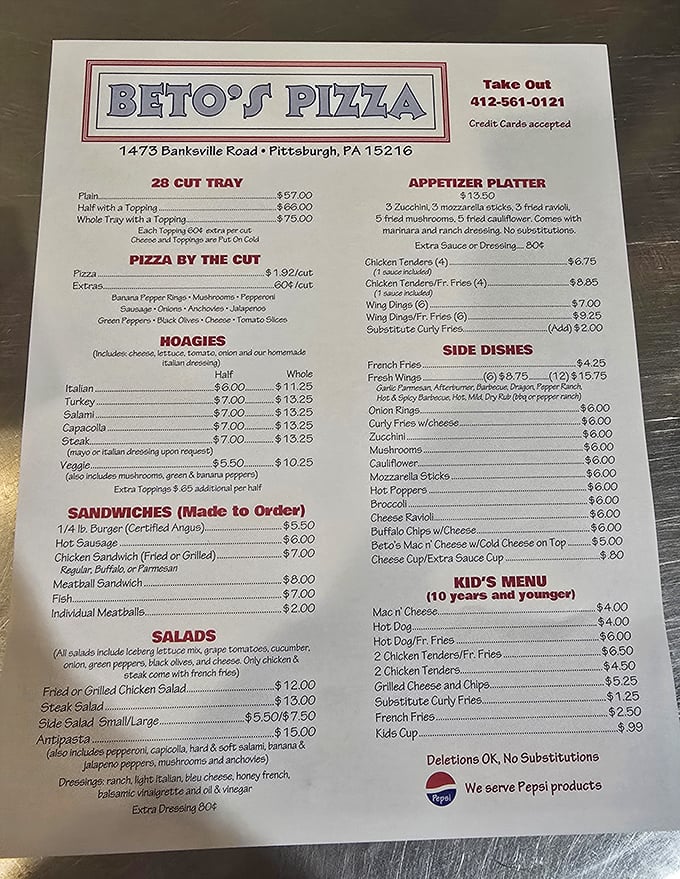 The legendary menu board – a roadmap to culinary adventure where "Pizza by the Cut" isn't just a serving style, it's a philosophy.