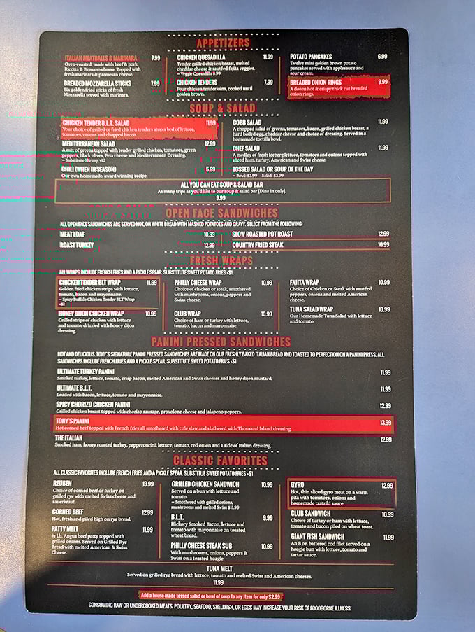 This menu isn't just a list of options—it's a roadmap to comfort food nirvana, with the panini section serving as the promised land.