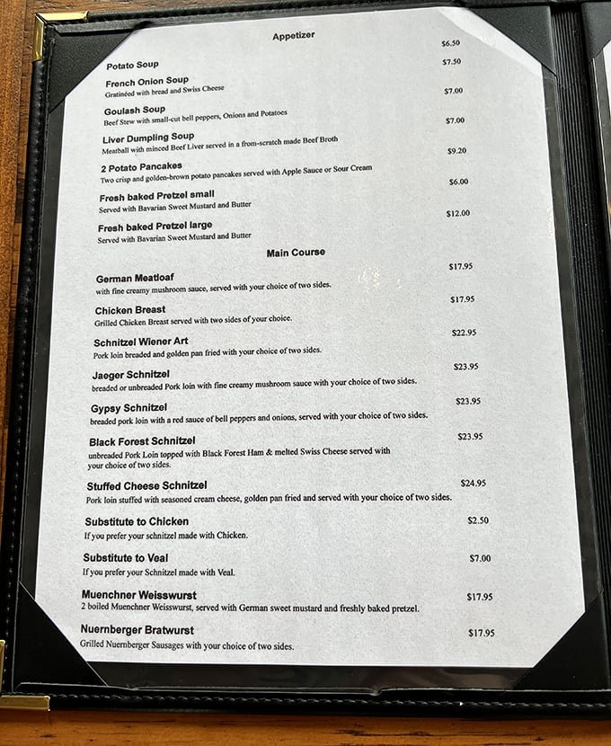 This menu isn't just a list of dishes – it's a passport to flavor country. From Goulash Soup to Black Forest Schnitzel, each item promises a delicious journey.