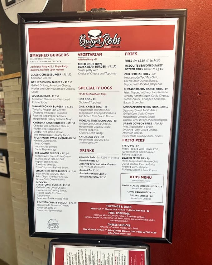 This menu isn't just a list—it's a roadmap to burger nirvana, with creative combinations that'll make your taste buds do a happy dance.