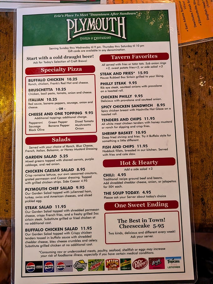 This menu isn't just a list of food – it's a roadmap to happiness. "The Best in Town!" isn't just clever marketing when it comes to that cheesecake.