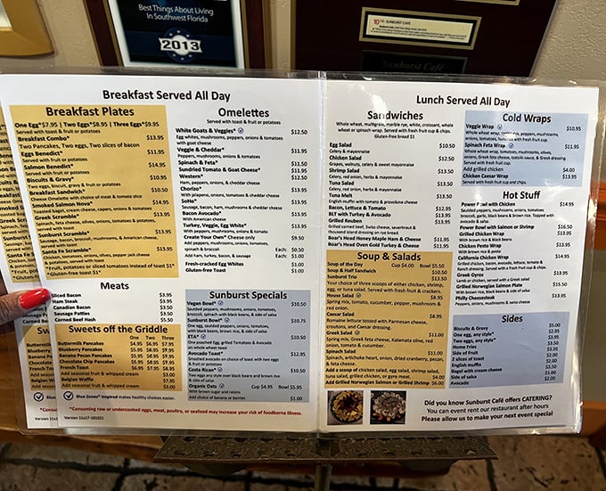 The menu at Sunburst isn't just a list—it's a roadmap to breakfast nirvana, offering everything from classic eggs to creative omelets that'll make you rethink morning possibilities.
