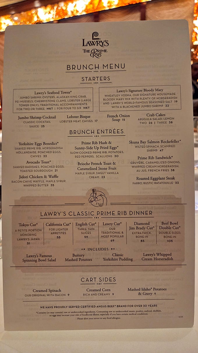 The menu reads like a love letter to carnivores. Notice how everything orbits around those legendary prime rib cuts—from Tokyo to Diamond Jim Brady.