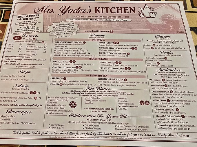 This menu isn't just a list of dishes—it's a roadmap to comfort food nirvana. Notice that prayer at the bottom? That's how you know it's serious.