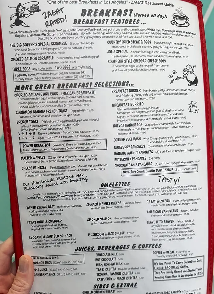 This menu isn't just food—it's a historical document. The Big Bopper's Special Scramble proves rock and roll will never die, especially at breakfast.