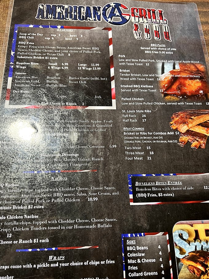 The menu reads like a love letter to smoked meat enthusiasts. Each item represents hours of patience, wood selection, and temperature control – the holy trinity of BBQ.