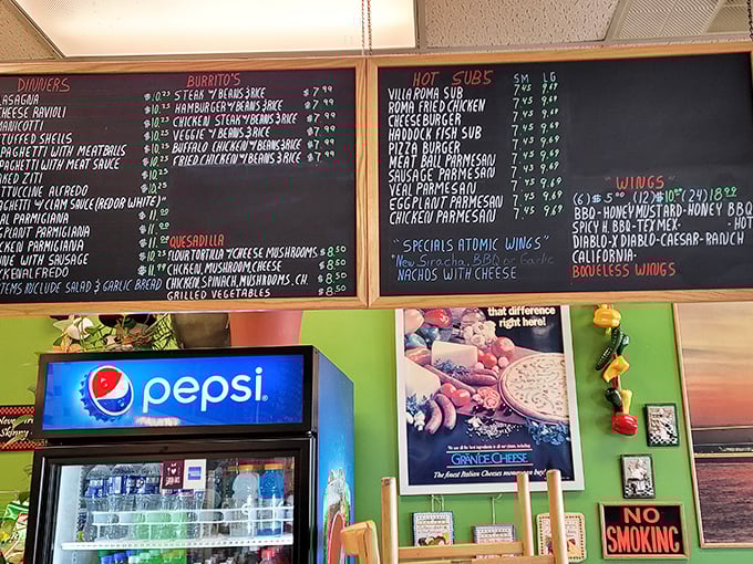 Colorful menu boards that could double as a novel – proof that the best neighborhood spots don't need digital displays when the food speaks volumes.