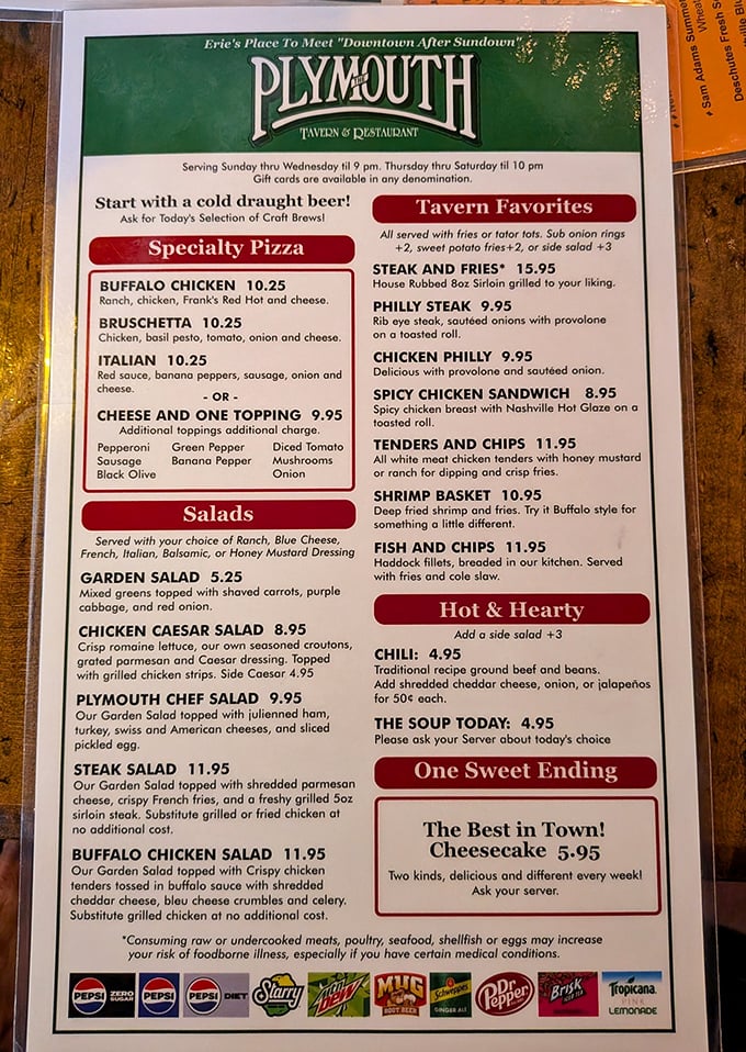 The menu reveals Plymouth's extensive offerings, but let's be honest – you're here for those famous wings.
