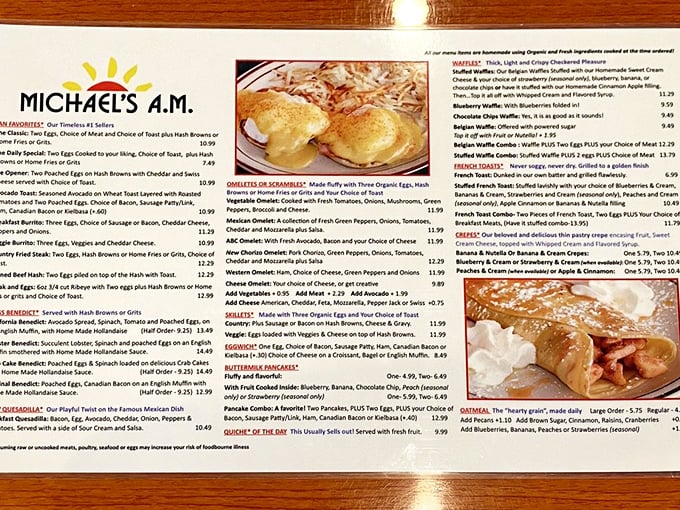 The menu reads like a love letter to morning hunger, with each description promising the kind of satisfaction that makes you plan your next visit before finishing your first.