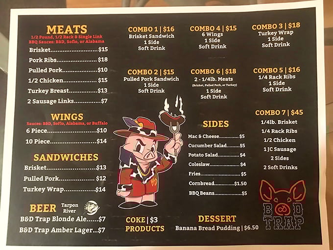 The menu reads like a love letter to smoked proteins. Notice there's no "light option" section? That's intentional.
