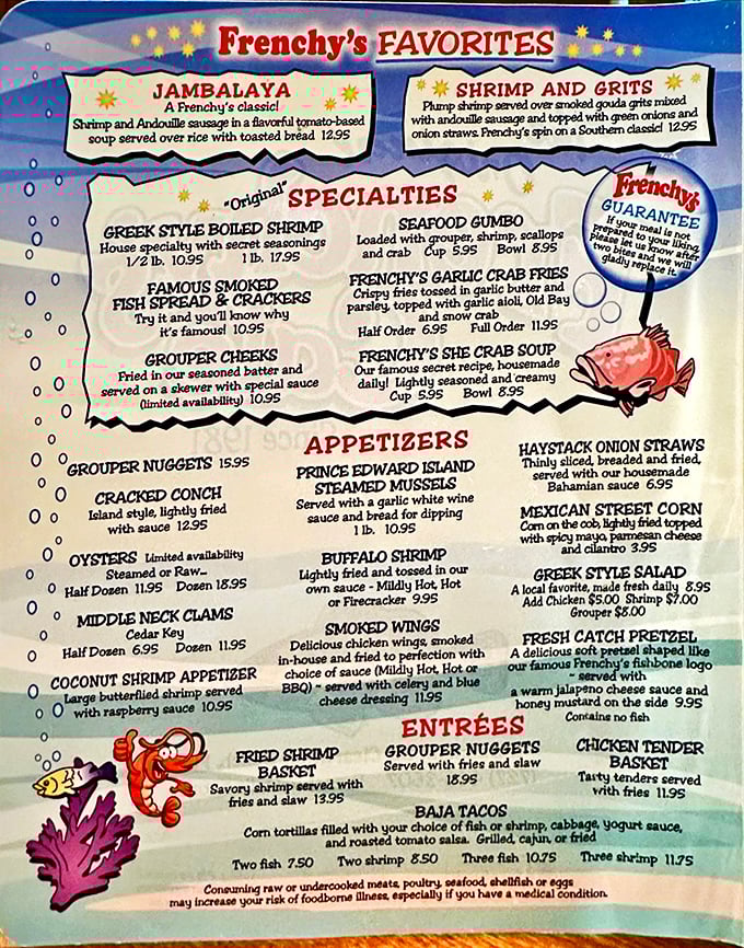 Frenchy's menu reads like a love letter to the Gulf of Mexico. Just looking at these offerings might make your mouth water faster than Pavlov's dogs at bell time.