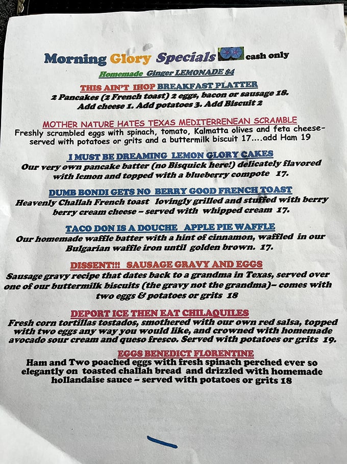 The menu reads like a comedy club set list, with dishes named "Taco Don is a Douche" and "Deport ICE Then Eat Chilaquiles" – breakfast with attitude.