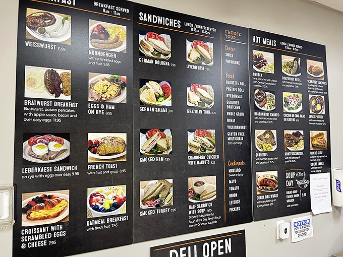 The menu board reads like a love letter to German cuisine—each photo promising a flavor journey that's worth every mile of your drive to Yalaha.