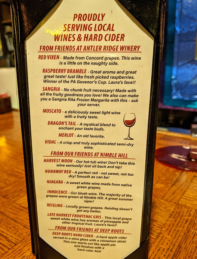Their wine list reads like a love letter to local vineyards. "Hot tub wine" and "a little on the naughty side"? Count me in for whatever adventure these bottles promise!