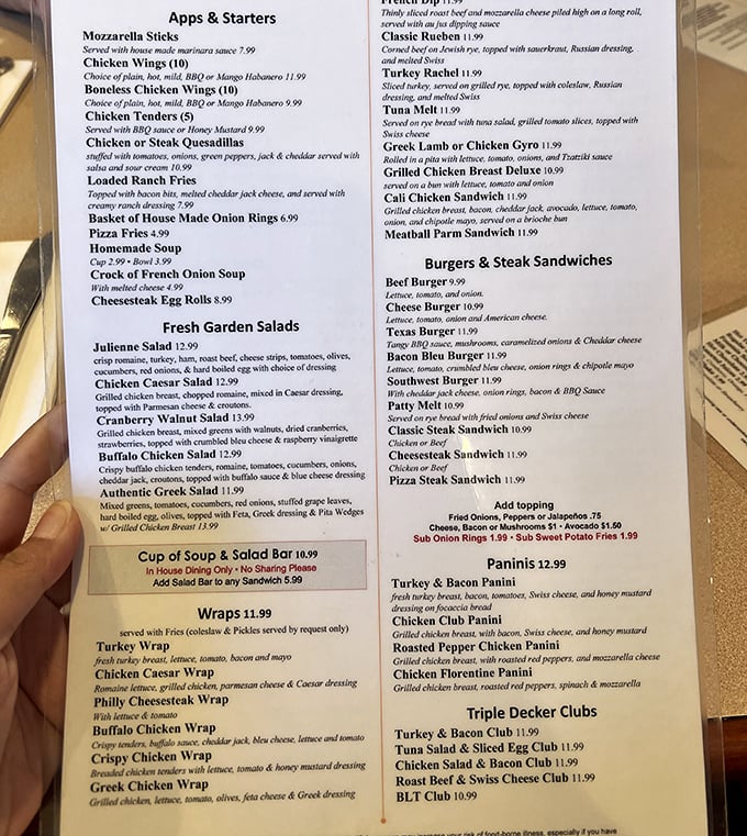This menu isn't just a list of food—it's a roadmap to happiness. Each laminated page holds the promise of comfort classics executed with the care most places reserve for dishes with French names.