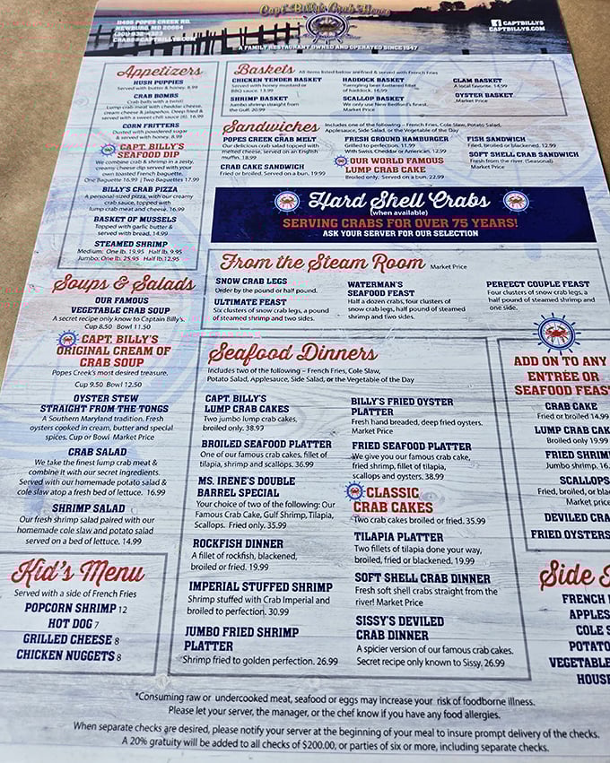 The menu reads like seafood poetry – each section a verse dedicated to the bounty of the Chesapeake Bay.