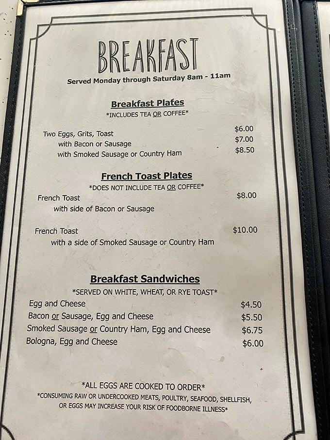 A breakfast menu that reads like poetry to hungry souls—simple, honest offerings that promise satisfaction without pretension.