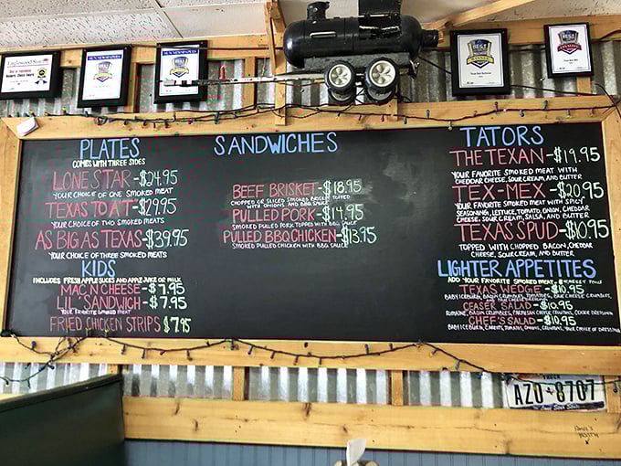 The chalkboard menu speaks the universal language of BBQ devotion. Notice there's no "small portion" option—they know their audience.