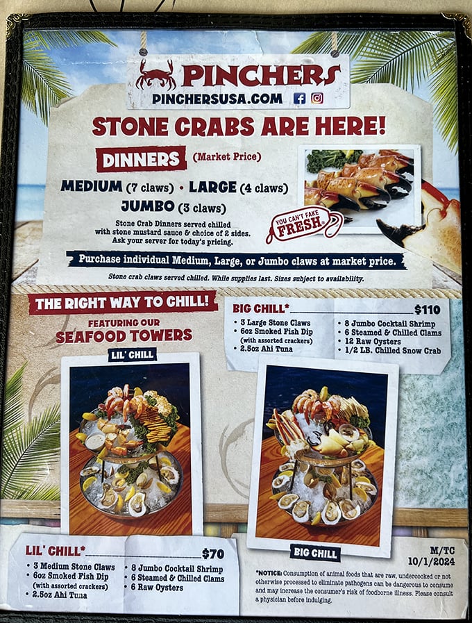 Stone crabs aren't just on the menu—they're the headliners in a seafood rock concert. The "Big Chill" tower is the aquatic equivalent of a greatest hits album.