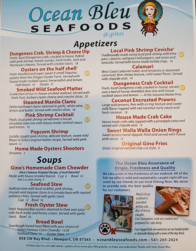This menu isn't just a list of options – it's a treasure map to Neptune's bounty. The "Ocean Bleu Assurance" isn't marketing fluff; it's the difference between eating seafood and experiencing it.