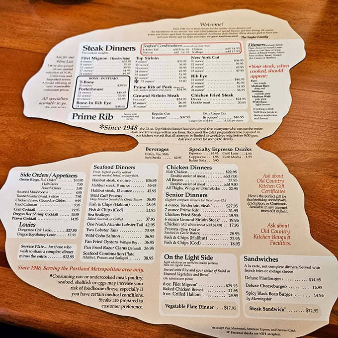 This menu isn't just a list of options—it's a treasure map where X marks the ribeye. Adventure awaits between these paper borders.