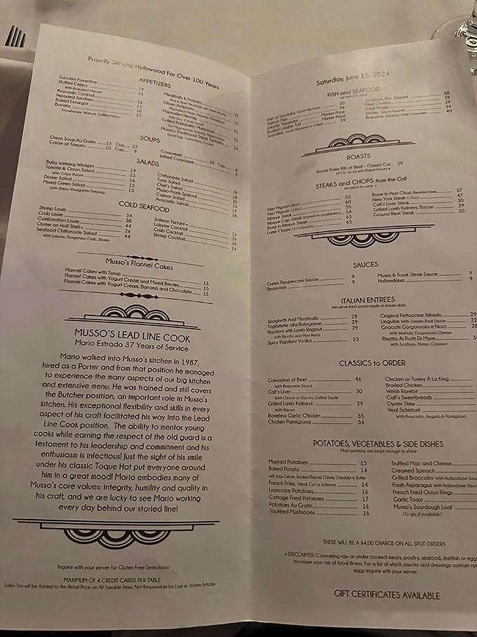 The menu reads like a time capsule of American dining. Classic dishes that have stood the test of time, just like the restaurant itself.