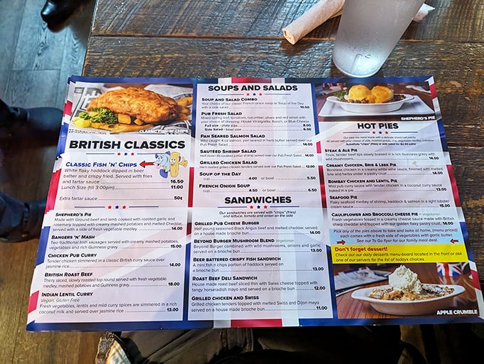 This menu reads like a greatest hits album of British cuisine. No need for Google—everything you need to know about proper pub fare is right here.