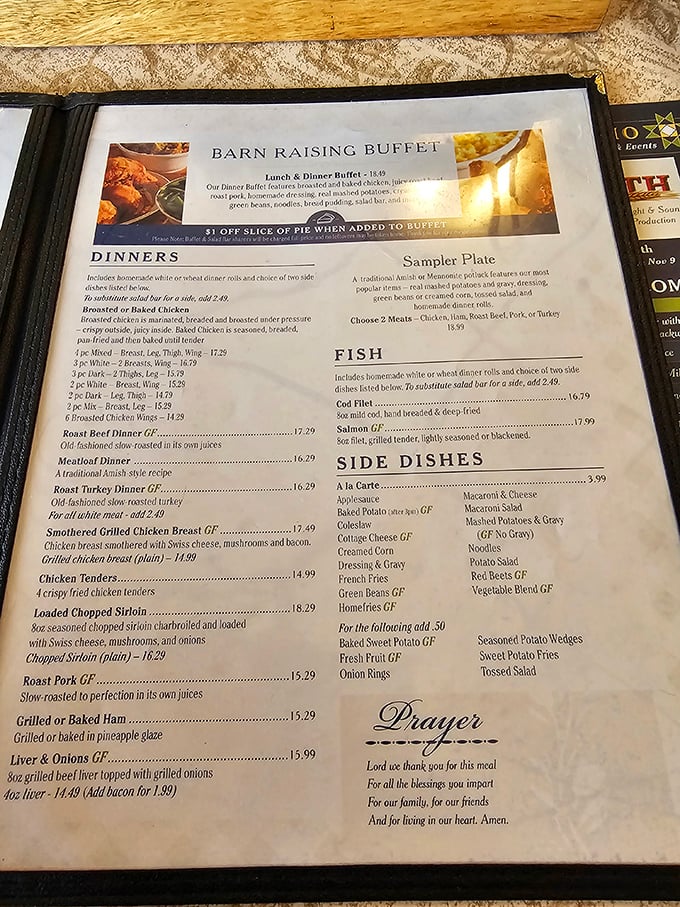 The menu reads like a love letter to comfort food classics. Notice the prayer at the bottom—a reminder you're in a place where food is considered a blessing.