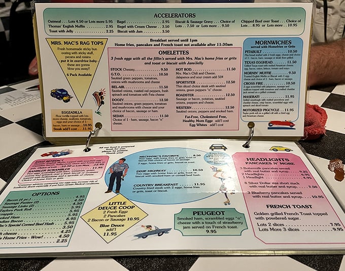 The menu reads like a road map to satisfaction, with cleverly named "Accelerators" for breakfast and "Headlights" illuminating lunch options.