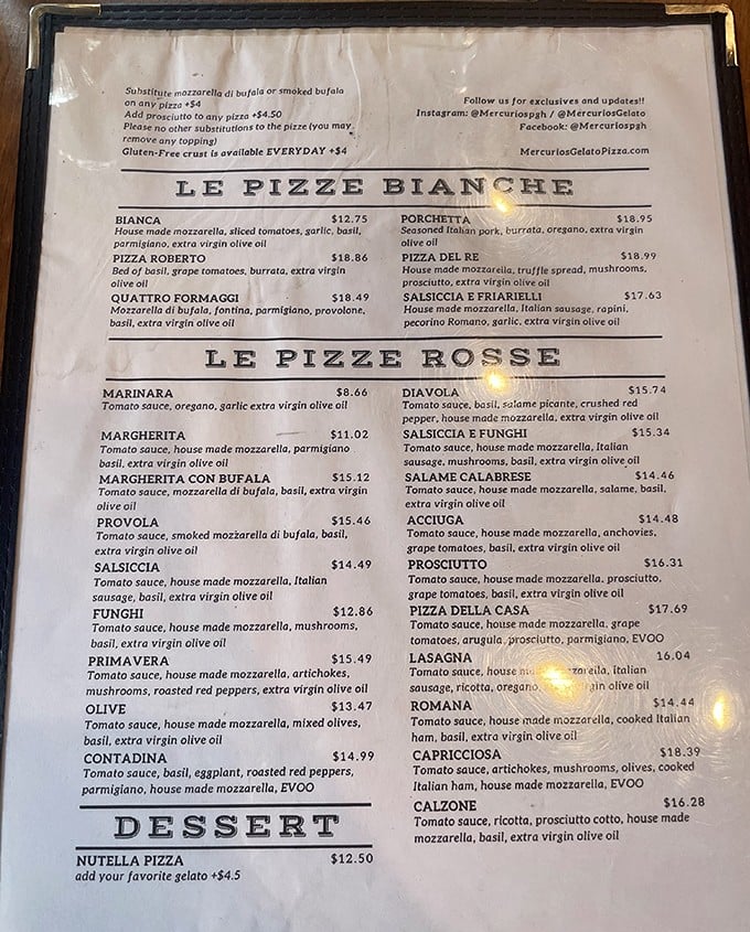 The menu reads like poetry for the pizza-obsessed. Notice how they don't call it "cheese"—it's "house-made mozzarella," because details matter.